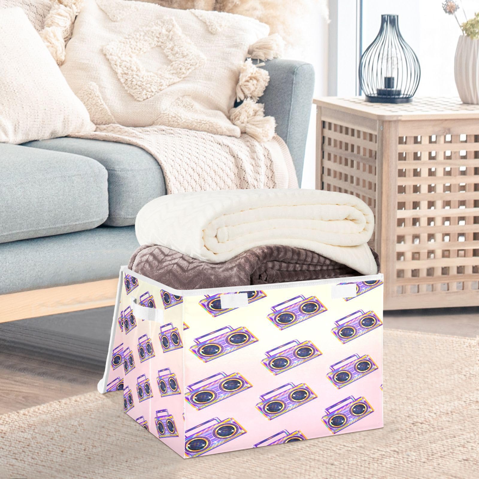 DIGTIA Old Tape Recorder Storage Bins with Lids Foldable Storage Basket with Handles Collapsible Large Fabric Organizer Containers for Clothes Shelves Closet Office Home