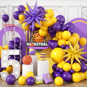 purple and yellow balloon arch kit,basketball balloons with gold purple star foil balloons,for boys basketball party sport theme birthday graduation anniversary wedding baby shower decorations