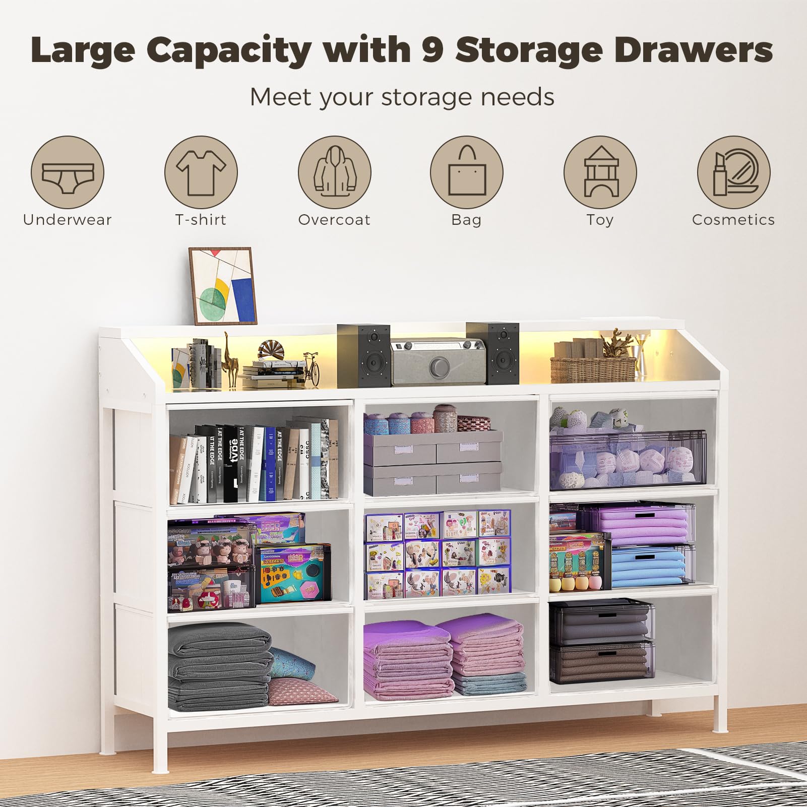 White Dresser for Bedroom, 9 Drawers Dresser with LED Lights & Charging Station, Large Fabric Dresser with PU Finish, Kids Adults Chest of Drawers with Sturdy Frame for Entryway Closet Living Room