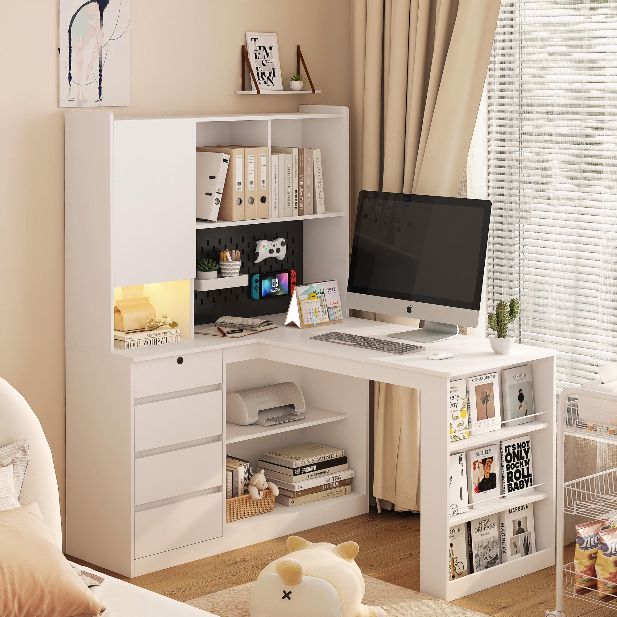 RuiSiSi Home Office L Shaped Corner Desk with Hutch, Drawers & Bookshelf, Modern Desk with LED Light, Study Table Writing Desk, Gaming Computer Desk with Storage, White