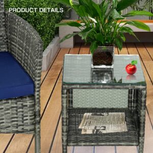 JRBIAOGE Patio Conversation Furniture 3-Piece Set PE Rattan Wicker Chair with Table Suitable for Patio, Poolside, Lawn and Other Outdoor Occasions (Grey+Dark Blue)