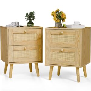 infurnic rattan nightstand, end table, nightstands set of 2, side table with 2 hand made rattan decorated drawers, wood night stand beside table with storage for bedroom, natural, 2 pack