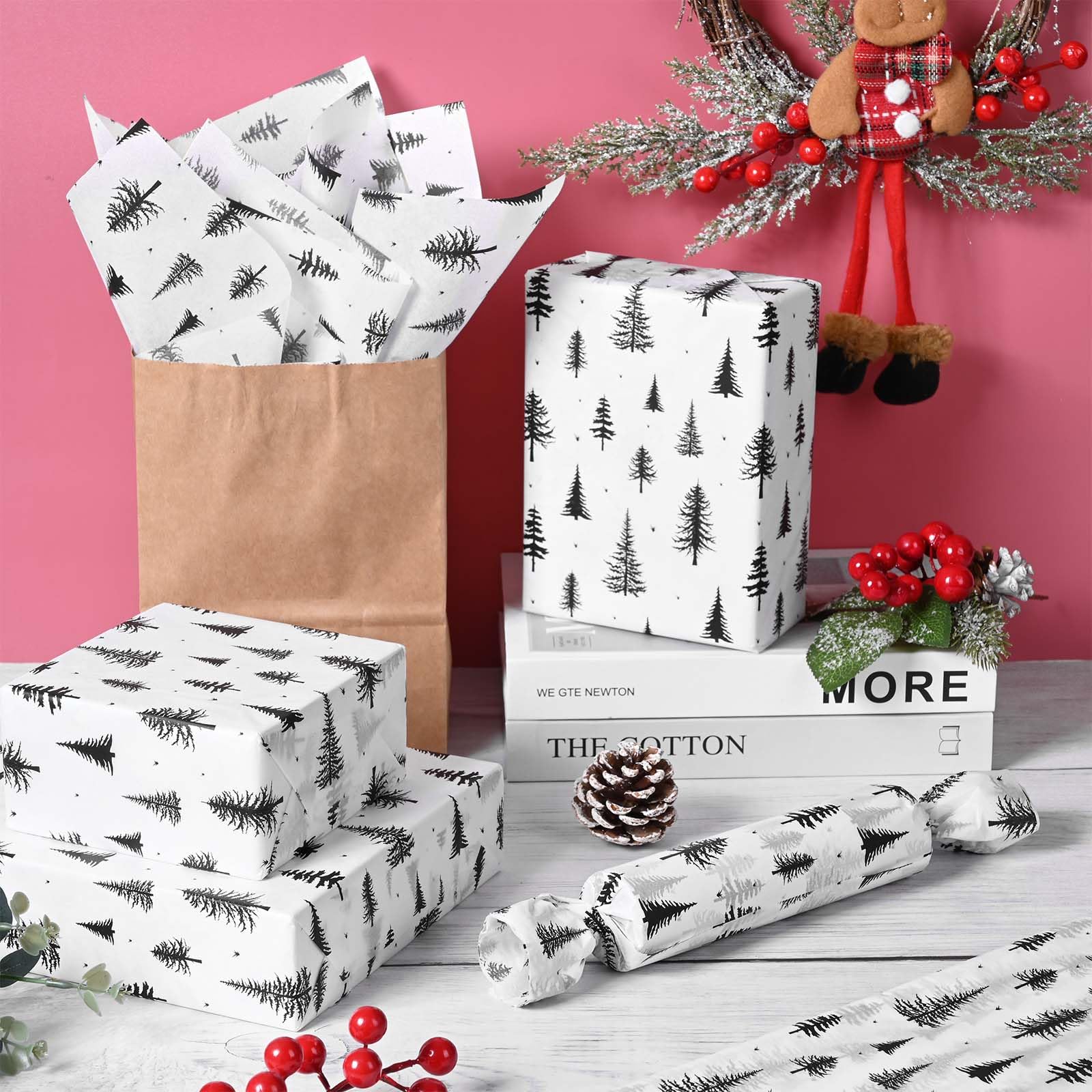 Bolsome 100 Sheets 20 * 14 Inches Christmas Tissue Paper for Gift Wrapping Black White Xmas Tree Printed Tissue Paper for Gift Bags for Xmas Party Baby Shower Birthday Party DIY Craft