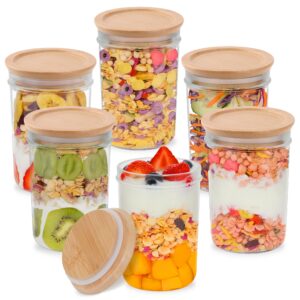 xyptorix 6-pack overnight oats containers with lids - wide mouth mason jars 16 oz, easy to clean glass jars with bamboo lid for oatmeals, chia pudding, salad, yogurt, snacks, spice, coffee