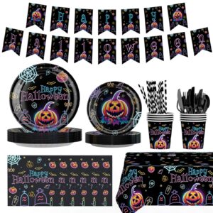 150 pcs neon halloween party supplies for 16 guest, glow in the dark halloween paper plates and napkins disposable tableware set include knife fork spoon for happy halloween birthday party supplies