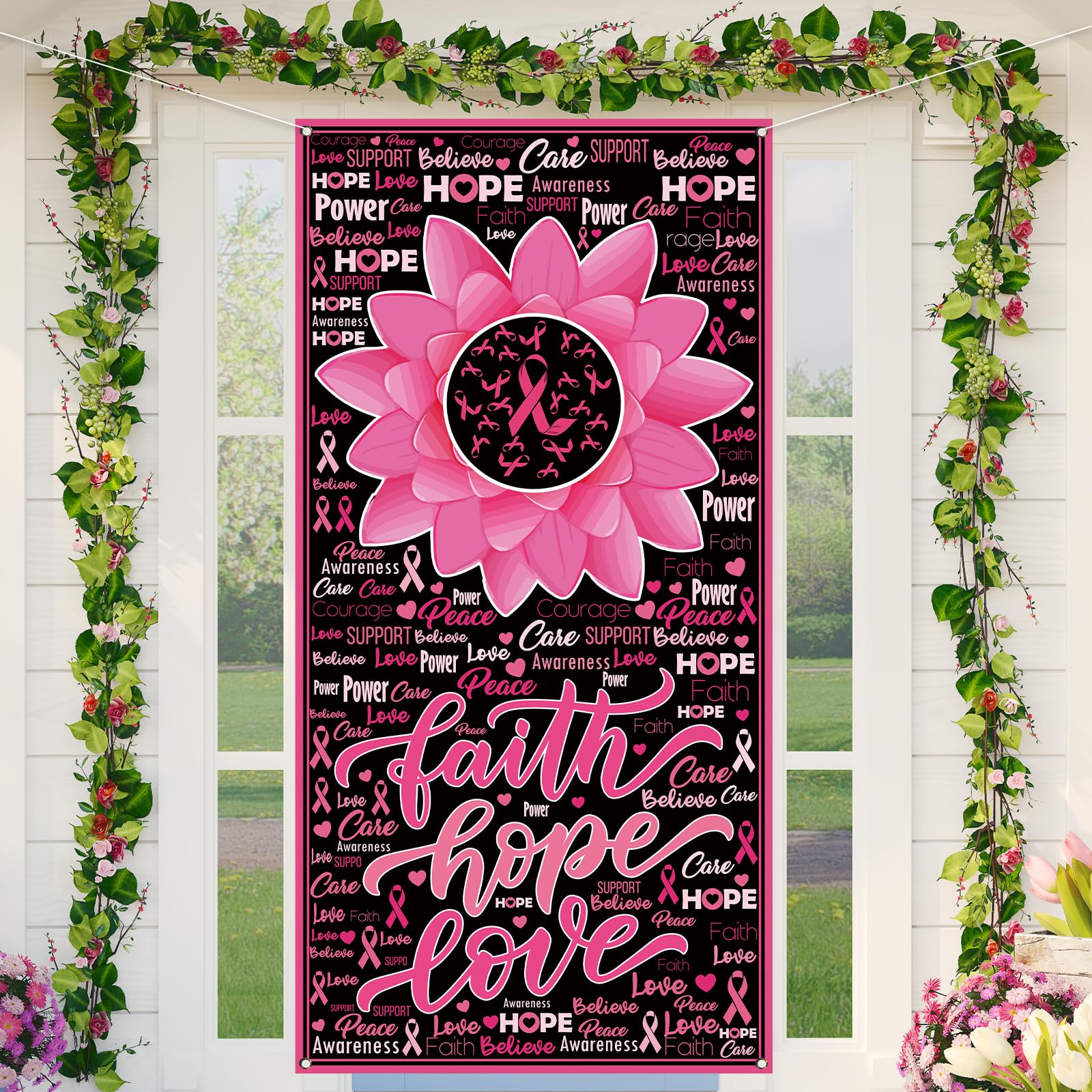 Breast Cancer Awareness Door Cover Hope Faith Love Photo Backdrop October Pink Ribbon Party Decorations and Supplies for Home