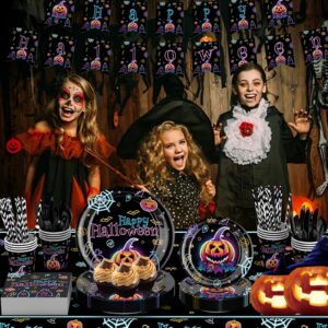 150 Pcs Neon Halloween Party Supplies for 16 Guest, Glow in The Dark Halloween Paper Plates and Napkins Disposable Tableware Set Include Knife Fork Spoon for Happy Halloween Birthday Party Supplies