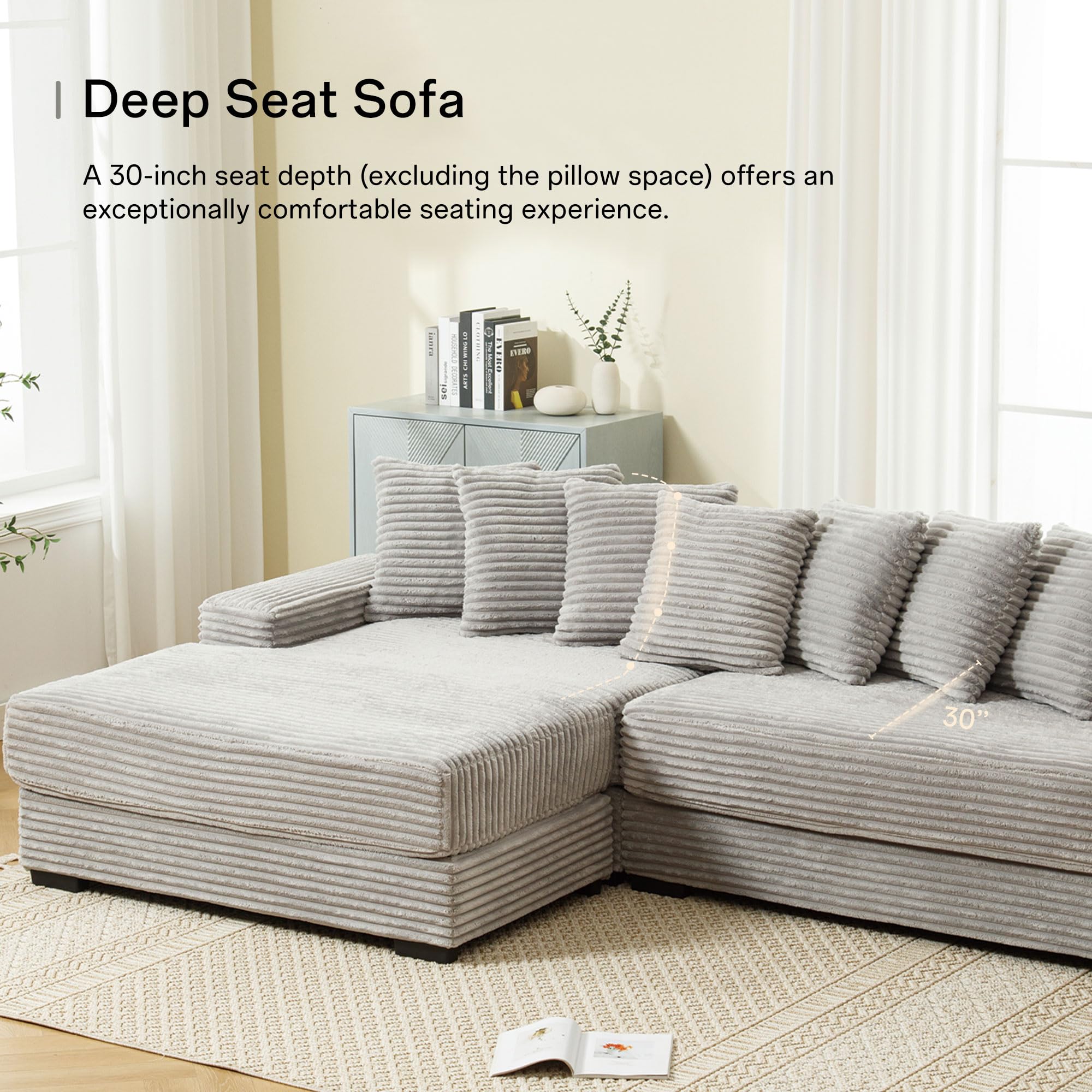 Modular Couch, L Shaped Modular Cloud Couch with Pillows and Track Arm, Corduroy Fabric Modular Sofa for Living Room Office Studio Flat, Left Facing Chaise Sofa (Gray)