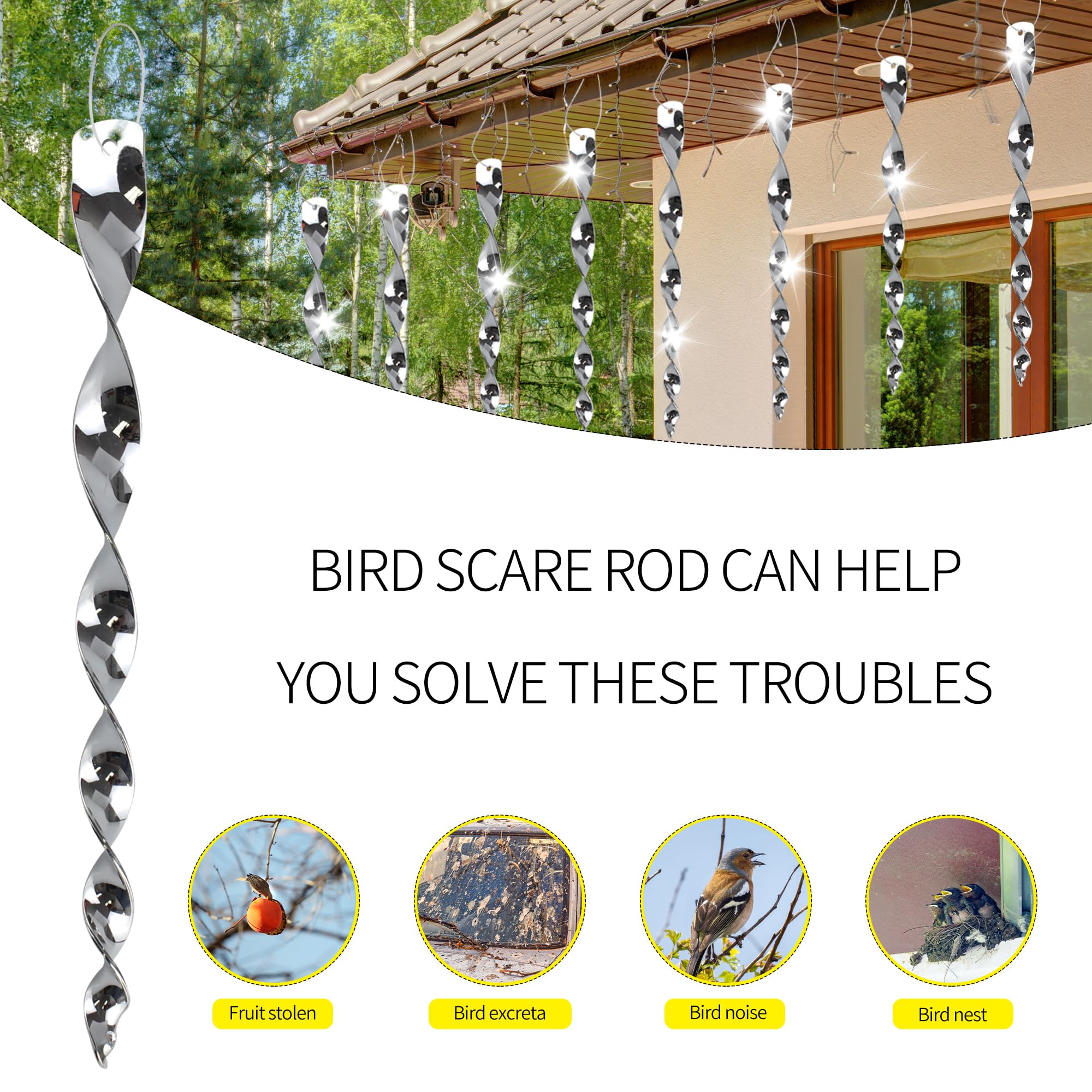 KOKMEYA Bird Scare Rods Silver Hanging Plastic Bird Deterrent Device, Wind Driven Rotation Reflective Scare Rods to Keep Birds Away from House Windows Outdoor Garden Yard 6Pcs