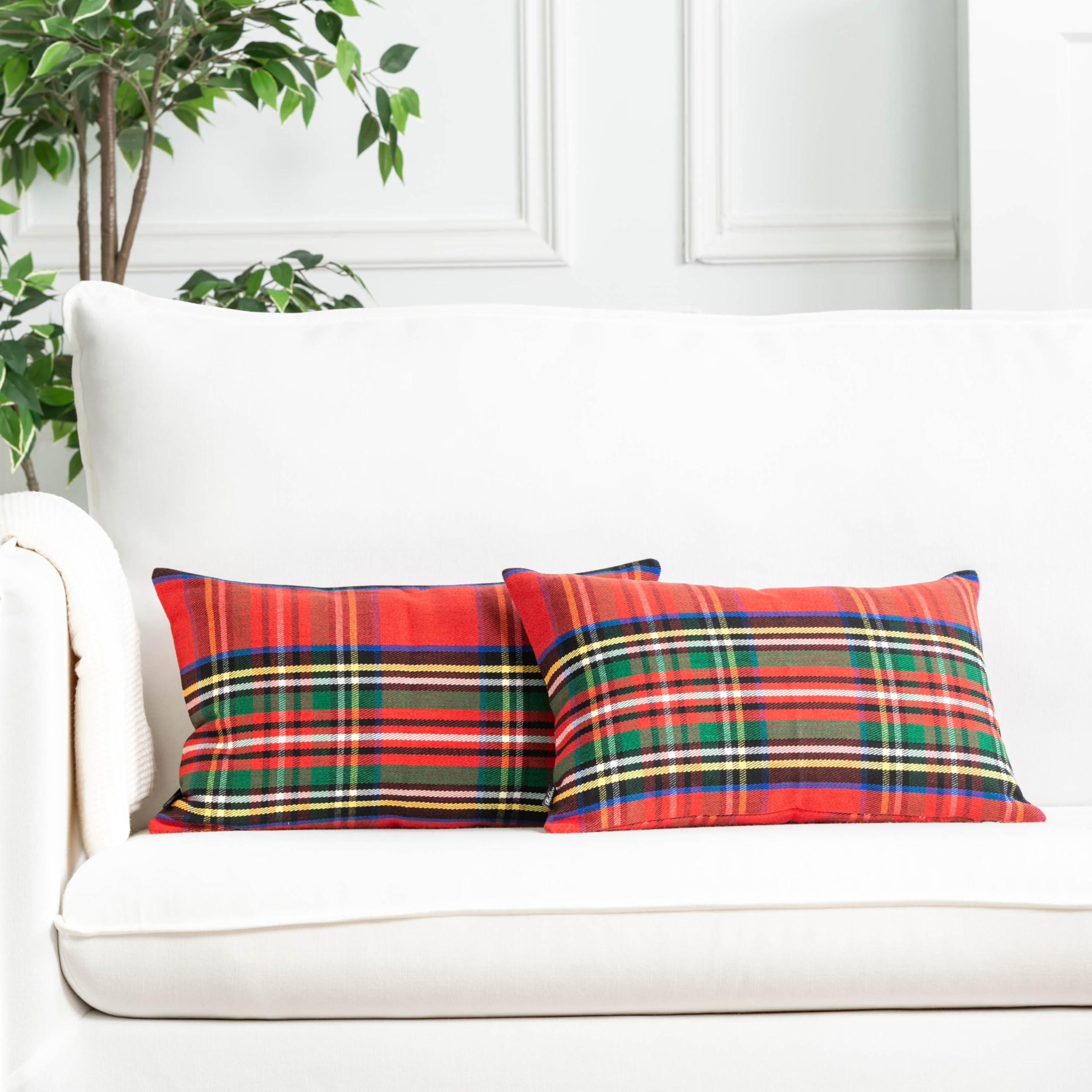 Hofdeco Premium Christmas Indoor Outdoor Lumbar Pillow Cover Only, 12"x20" Water Repellent for Holiday, Backyard, Couch, Scottish Tartan Plaid C