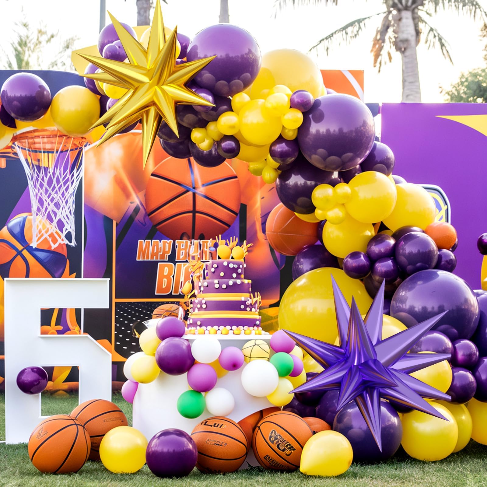 Purple and Yellow Balloon Arch Kit,Basketball Balloons with Gold Purple Star Foil Balloons,for Boys Basketball Party Sport Theme Birthday Graduation Anniversary Wedding Baby Shower Decorations