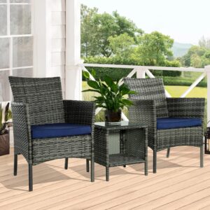 JRBIAOGE Patio Conversation Furniture 3-Piece Set PE Rattan Wicker Chair with Table Suitable for Patio, Poolside, Lawn and Other Outdoor Occasions (Grey+Dark Blue)