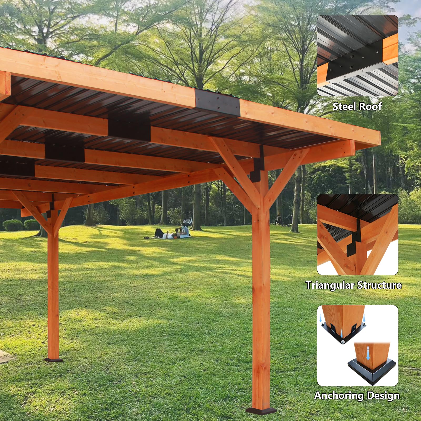 Beneouya 18.3 x 12.6 x 7.8 FT Heavy Duty Wooden Carport, Outdoor Carport Garage Shelter with Steel Roof, Hardtop Gazebo Pergola for Parking Vehicles, Boats on Patio, Garden