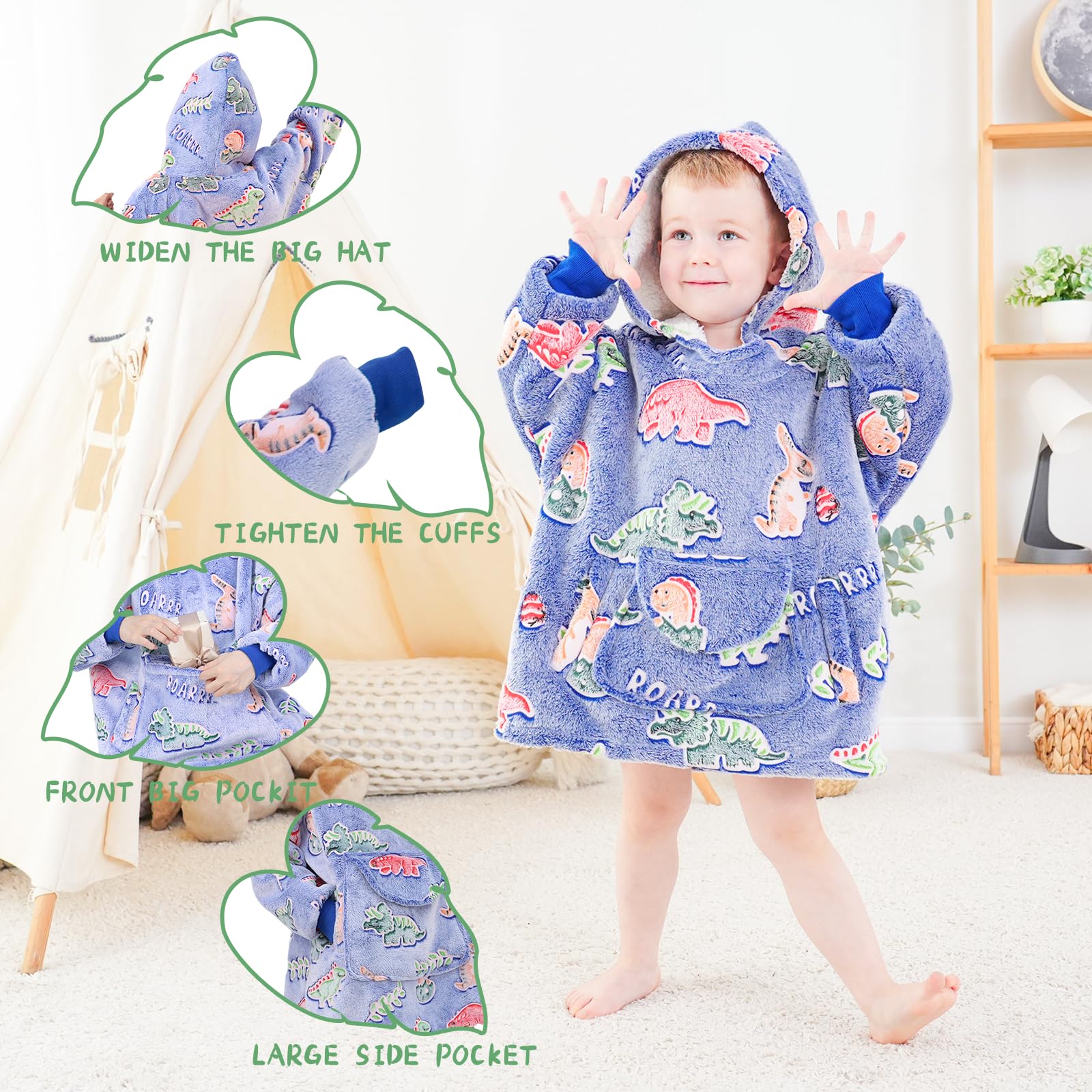 KIVEE Cute Wearable Blanket Hoodie Kids Toddlers Dinosaur Sweatshirt Blanket with Giant Pocket Glow in the Dark Dino Hooded Blanket Girl Boy Birthday Dinosaur Gifts