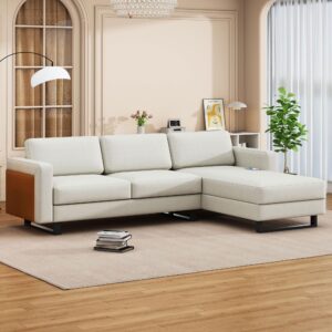 favfurish sectional, convertible l-shape sofa couch with reversible armrests,solid wood frame,chaise longue,usb function,for living room, apartment,studio,cream white, 100