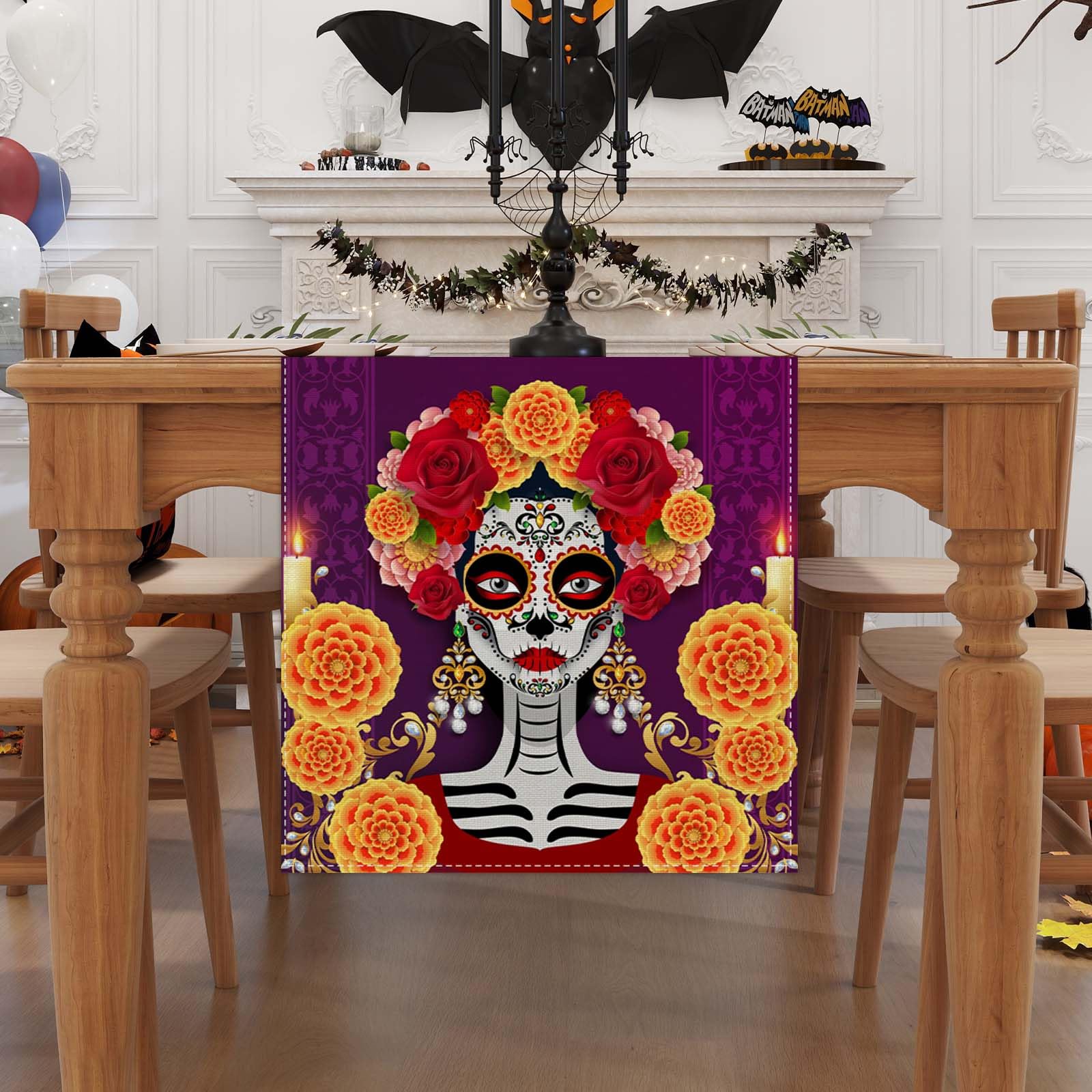 Linen Dia De Los Muertos Table Runner 72 Inches Long Day of The Dead Tablecloth Mexican Fiesta Themed Party Decorations and Supplies for Home Kitchen Dining Room Table