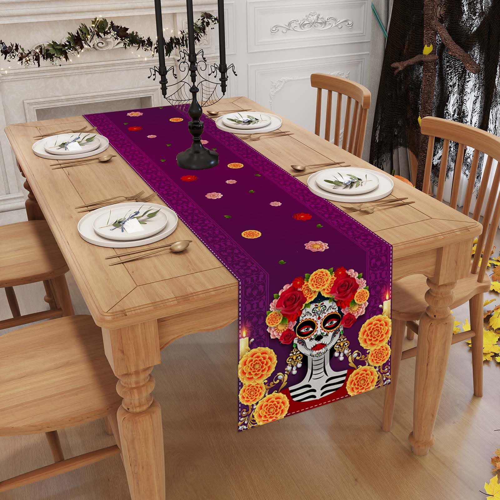 Linen Dia De Los Muertos Table Runner 72 Inches Long Day of The Dead Tablecloth Mexican Fiesta Themed Party Decorations and Supplies for Home Kitchen Dining Room Table