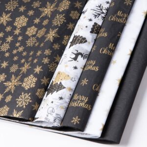 bebesta christmas tissue paper black gold wrapping paper tree reindeer gift wrapping tissue paper merry christmas art paper crafts for home diy gift bags new year decor, 100 sheets