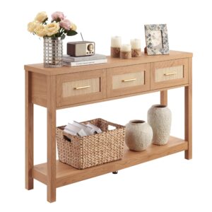 alaxgumrol console table with rattan 3 drawers, boho entryway table with storage shelf, narrow wood sofa table, 2 tier long behind couch table for living room, hallway, foyer, entrance, bedroom