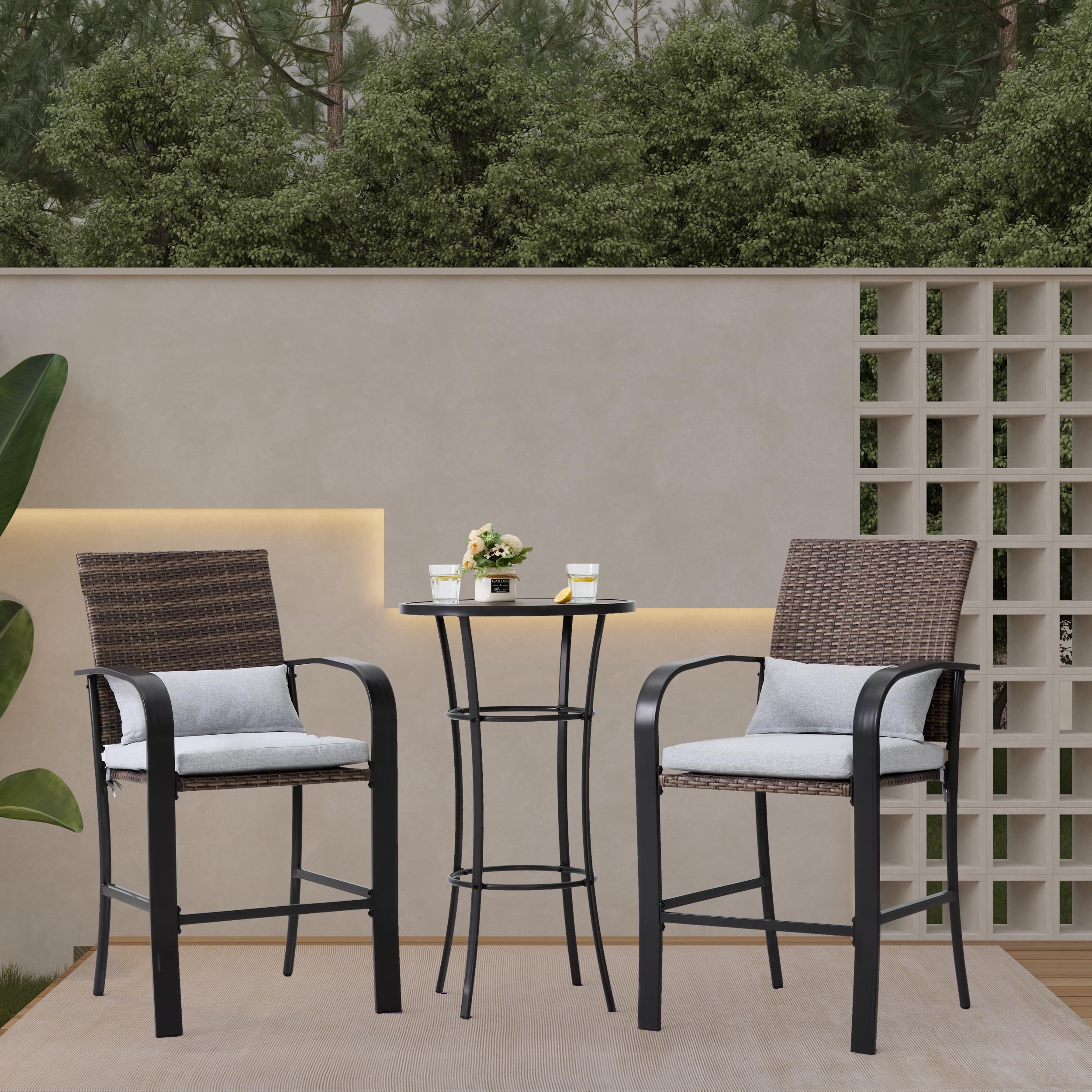 Orweiin Outdoor Bar Table Set for 2,Patio Bar Height Table and Chairs Set with Soft Cushions and Steel Frame,Khaki