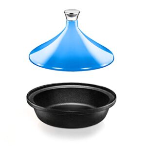 NutriChef 2.75 QT Cast Iron Moroccan Tagine - Tagine Pot with Stainless Steel Knob, Enameled Base, Cone-Shaped Enameled Lid, Oven and Dishwasher Safe, Ideal for Oven-to-Table Presentations ​(Blue)