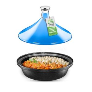 nutrichef 2.75 qt cast iron moroccan tagine - tagine pot with stainless steel knob, enameled base, cone-shaped enameled lid, oven and dishwasher safe, ideal for oven-to-table presentations ​(blue)