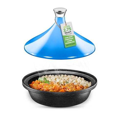 NutriChef 2.75 QT Cast Iron Moroccan Tagine - Tagine Pot with Stainless Steel Knob, Enameled Base, Cone-Shaped Enameled Lid, Oven and Dishwasher Safe, Ideal for Oven-to-Table Presentations ​(Blue)