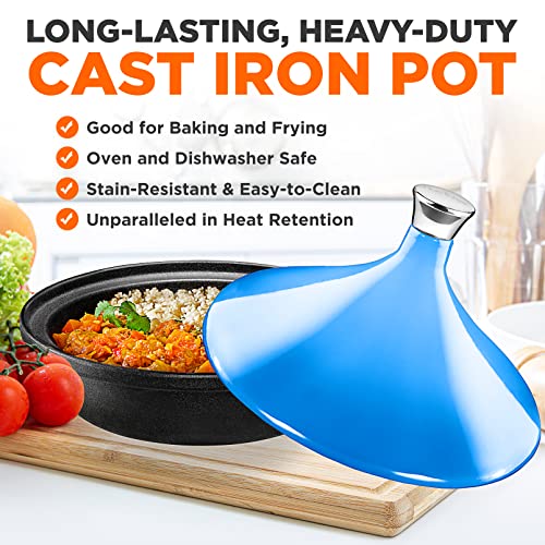 NutriChef 2.75 QT Cast Iron Moroccan Tagine - Tagine Pot with Stainless Steel Knob, Enameled Base, Cone-Shaped Enameled Lid, Oven and Dishwasher Safe, Ideal for Oven-to-Table Presentations ​(Blue)