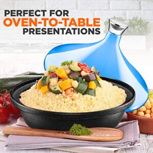 NutriChef 2.75 QT Cast Iron Moroccan Tagine - Tagine Pot with Stainless Steel Knob, Enameled Base, Cone-Shaped Enameled Lid, Oven and Dishwasher Safe, Ideal for Oven-to-Table Presentations ​(Blue)