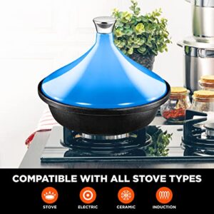 NutriChef 2.75 QT Cast Iron Moroccan Tagine - Tagine Pot with Stainless Steel Knob, Enameled Base, Cone-Shaped Enameled Lid, Oven and Dishwasher Safe, Ideal for Oven-to-Table Presentations ​(Blue)