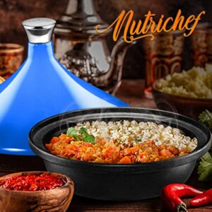 NutriChef 2.75 QT Cast Iron Moroccan Tagine - Tagine Pot with Stainless Steel Knob, Enameled Base, Cone-Shaped Enameled Lid, Oven and Dishwasher Safe, Ideal for Oven-to-Table Presentations ​(Blue)