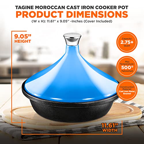 NutriChef 2.75 QT Cast Iron Moroccan Tagine - Tagine Pot with Stainless Steel Knob, Enameled Base, Cone-Shaped Enameled Lid, Oven and Dishwasher Safe, Ideal for Oven-to-Table Presentations ​(Blue)