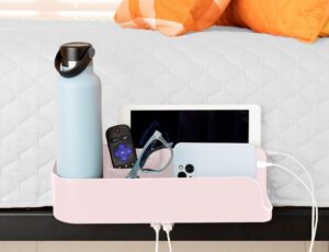 squirrel-bedside perch for college dorm room lofted bed, floating organizer with usb-c & a charging ports, small spaces, bed side caddy & nightstand, device & bottle holder, dorm essential, pink