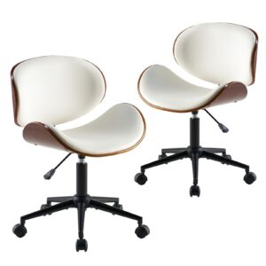 amerlife home office chair set of 2, pu leather desk chair, modern swivel chair with curved back, armless desk chair with wheels for home office, white