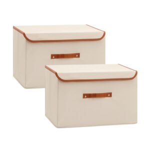 tuza 2-pack large fabric storage bins with lids, foldable storage boxes with lids for organizing, decorative storage boxes with handles for home, bedroom, closet, office(khaki, large)