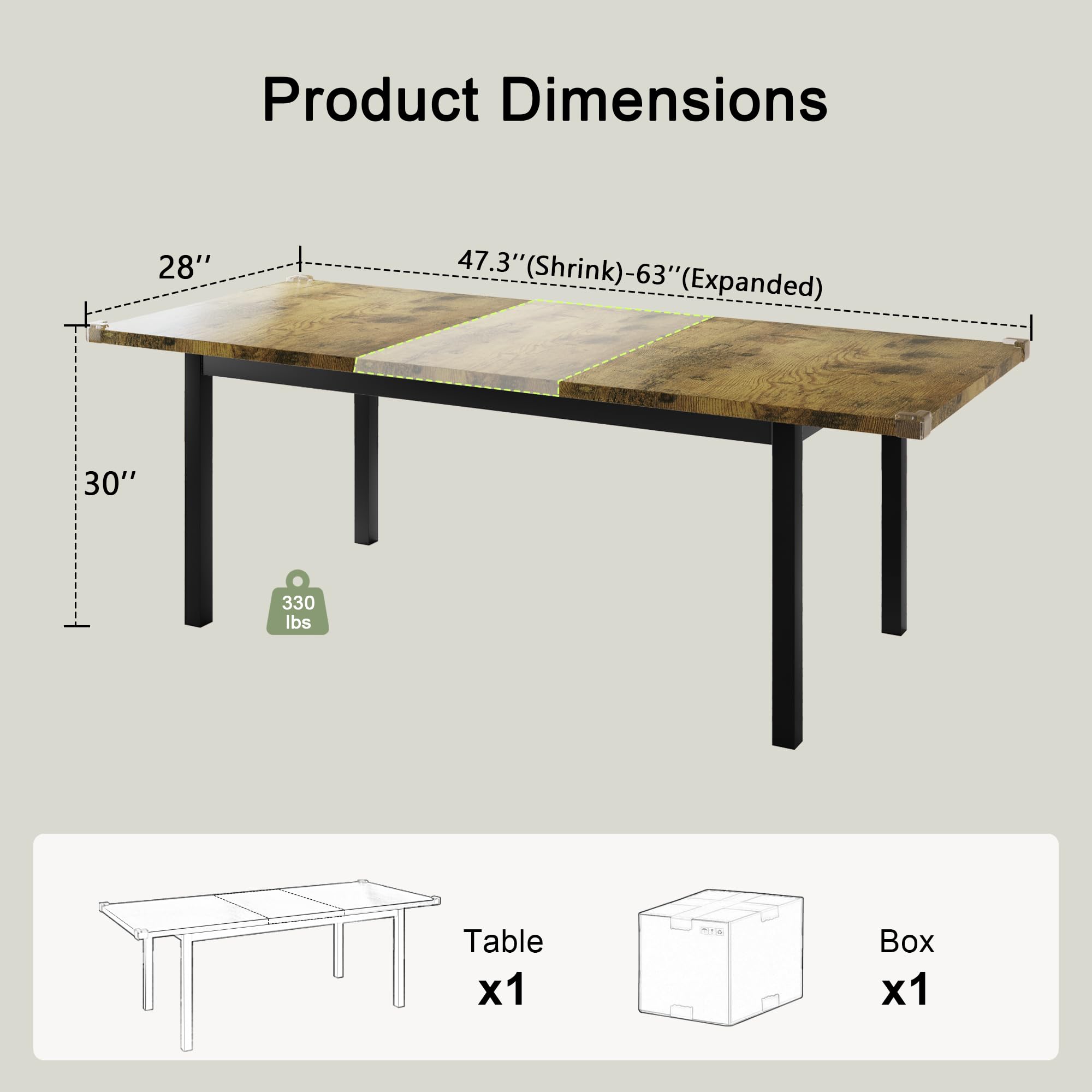 Feonase 63" Extendable Dining Table, Modern Farmhouse Dining Room Table for 4-8, Wooden Kitchen Table for Small Space, Dining Room, Home Office, Living Room Furniture, Rustic Brown