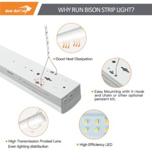 Run Bison 4FT LED Linear Strip Light, 120V-277V, 34/38/45W 4420/4940/5850LM, 3CCT Selectable, Flush Mount 0-10V Dimmable Commercial Grade LED Strip Light Fixture for Warehouse, UL Listed - 2PK