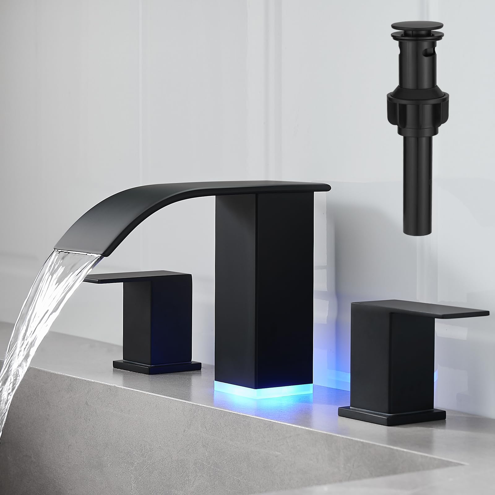 RUMOSE LED Bathroom Faucets Set Matte Black 8 inch Bathroom Sink Faucet 3 Hole with Pop Up Drain Widespread Lavatory Waterfall Vanity Faucet with 3 Colors Light Changing Stainless Steel Deck Mounted