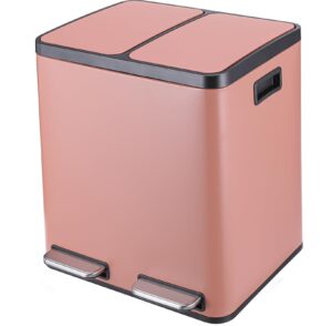 arlopu 8 gallon dual trash can, 30l stainless steel kitchen garbage can, step-on classified recycle garbage bin with removable inner buckets, for kitchen, living room, office (pink)