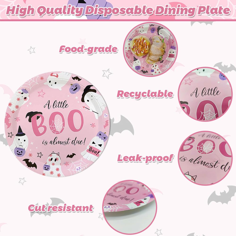 MEHOFOND Pink Halloween Baby Shower Decorations for Girl, Little Boo Disposable Dinnerware with Banner, Ghost Bat Pumpkin Baby Shower Plates and Napkins Set, Paper Plates Cups Party Supplies, Serve 24