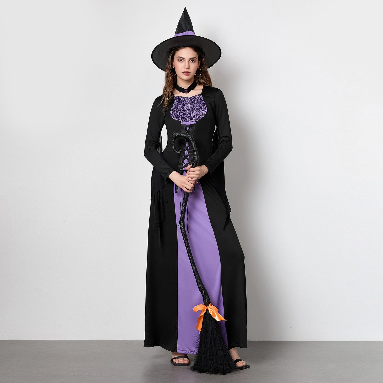 Halloween Witch Broom with Ribbons for Kids Flying Wicked Prop Witches Broomstick Cosplay Party Dress Up Costume (Black B, 130cm*25cm)