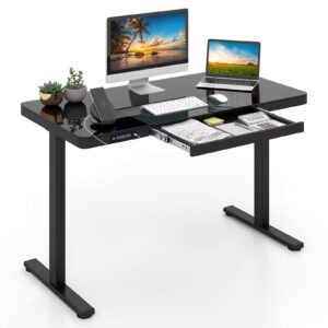 giantex glass standing desk with drawer, 48" x 24" height adjustable electric stand up desk with tempered glass top, 2 memory positions & usb type-c outlets, sit stand desk for home office, black