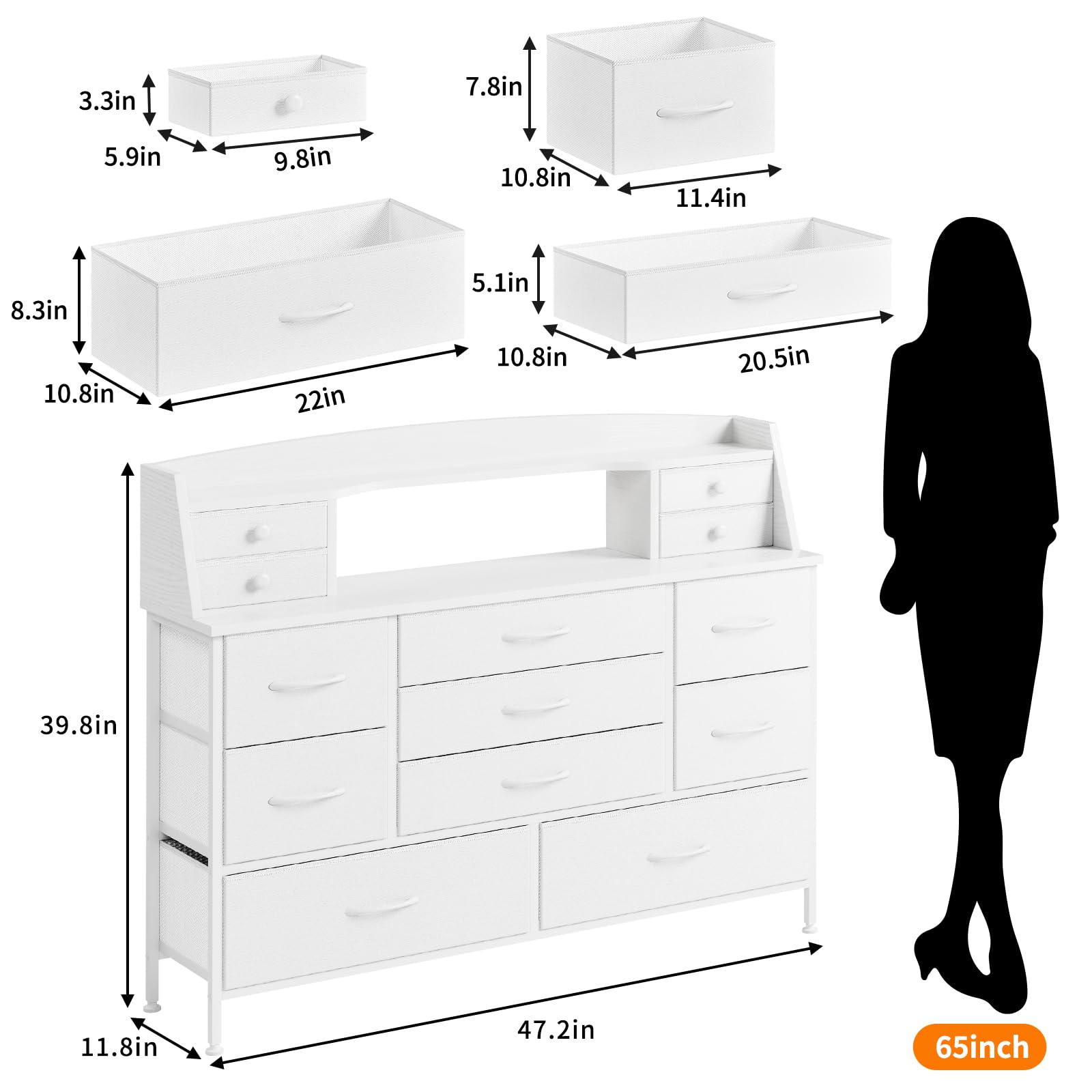 Fixwal White Dresser for Bedroom with 13 Drawers, Fabric Chest of Drawers with PU Finish for Kids, Girls, Adults, Nursery, Living Room, Closet, Entryway, Hallway (No LED Lights)