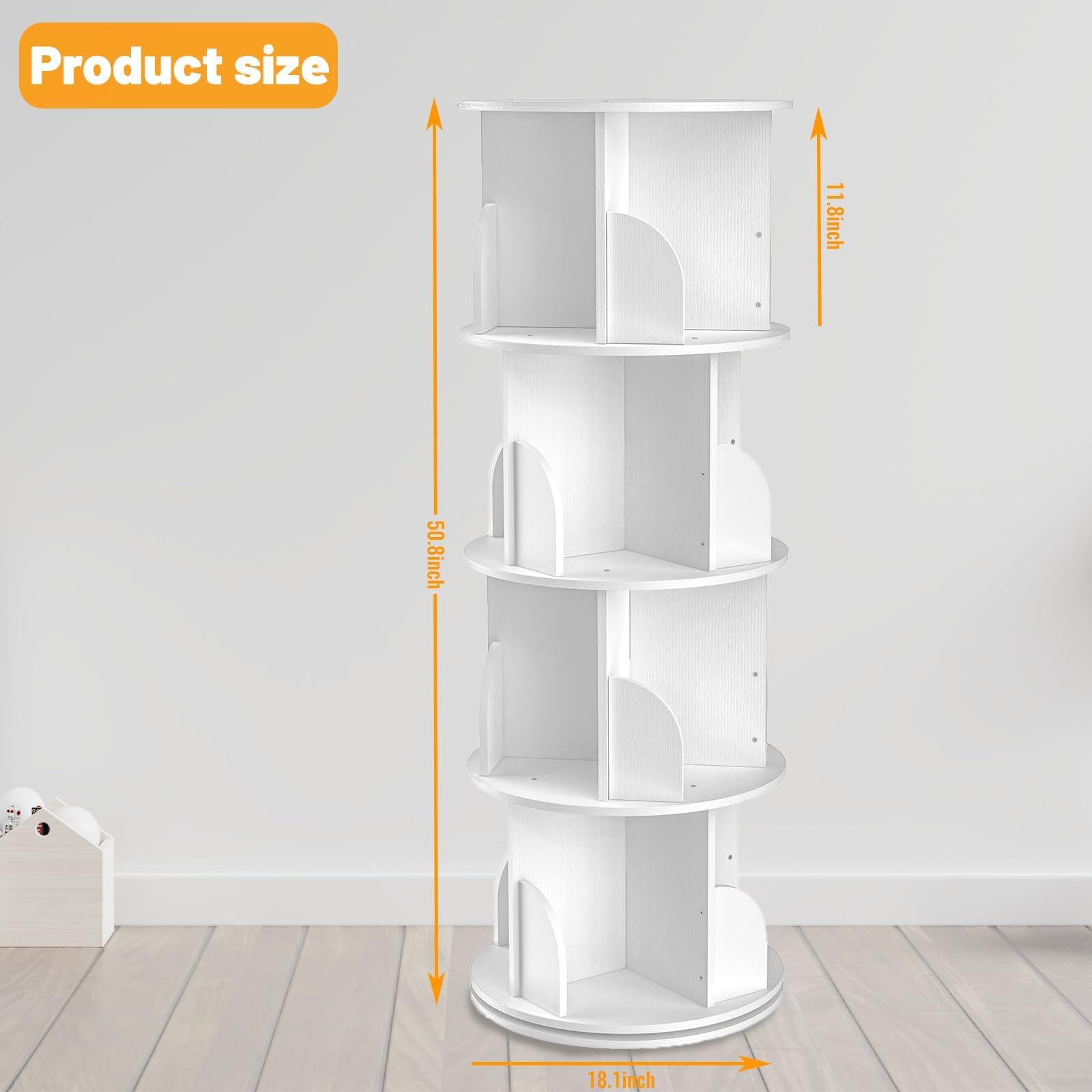 Cuguords 4 Tier Rotating Bookshelf Tower, 360 Degree Revolvin Bookcase,Spinning Bookshelf for Kids&Adults, Floor Standing Bookcase Storage Rack, Wood Narrow Bookshelf for Bedroom, Living Room, White