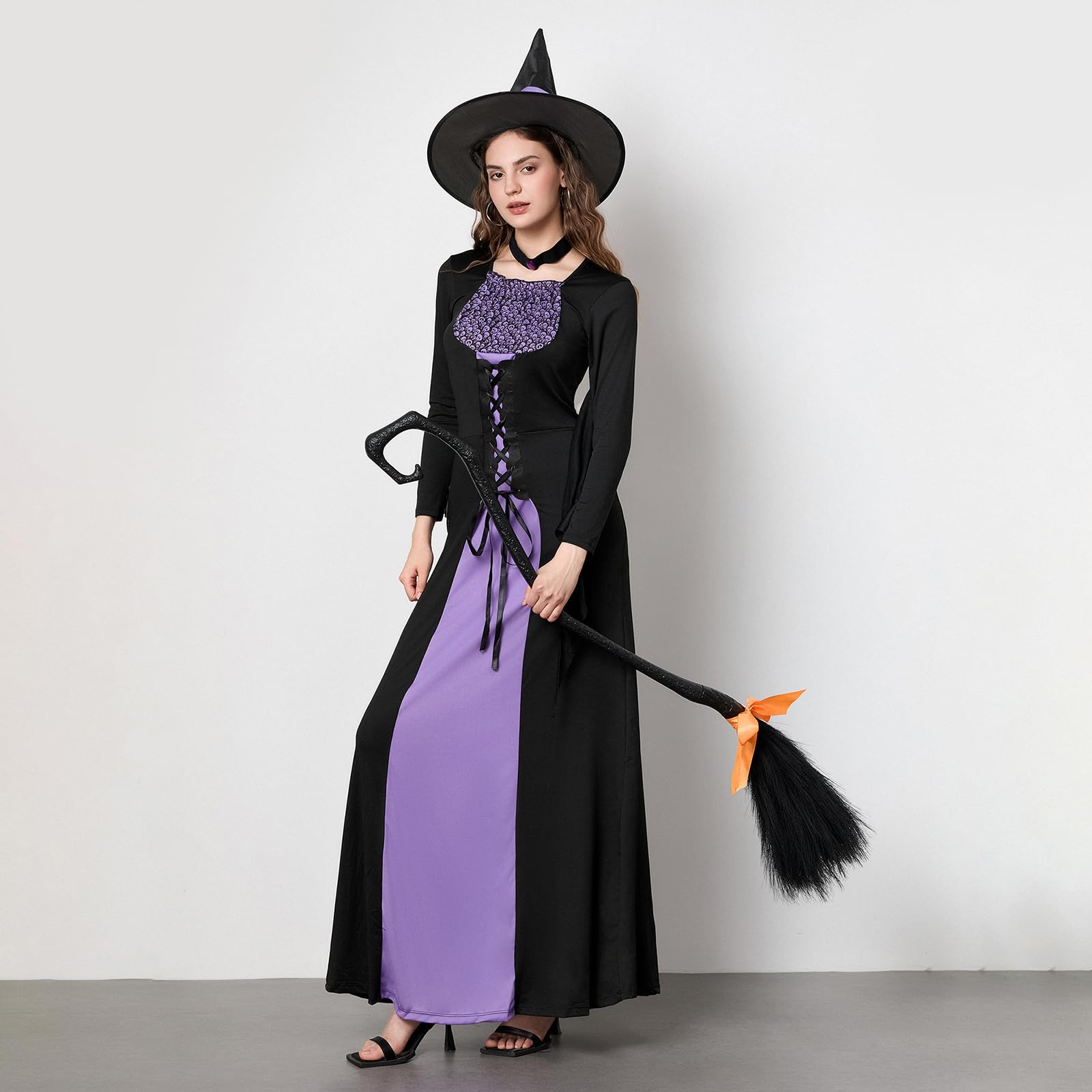 Halloween Witch Broom with Ribbons for Kids Flying Wicked Prop Witches Broomstick Cosplay Party Dress Up Costume (Black B, 130cm*25cm)