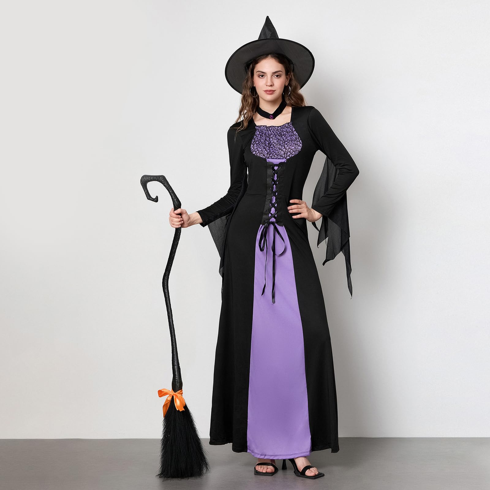 Halloween Witch Broom with Ribbons for Kids Flying Wicked Prop Witches Broomstick Cosplay Party Dress Up Costume (Black B, 130cm*25cm)