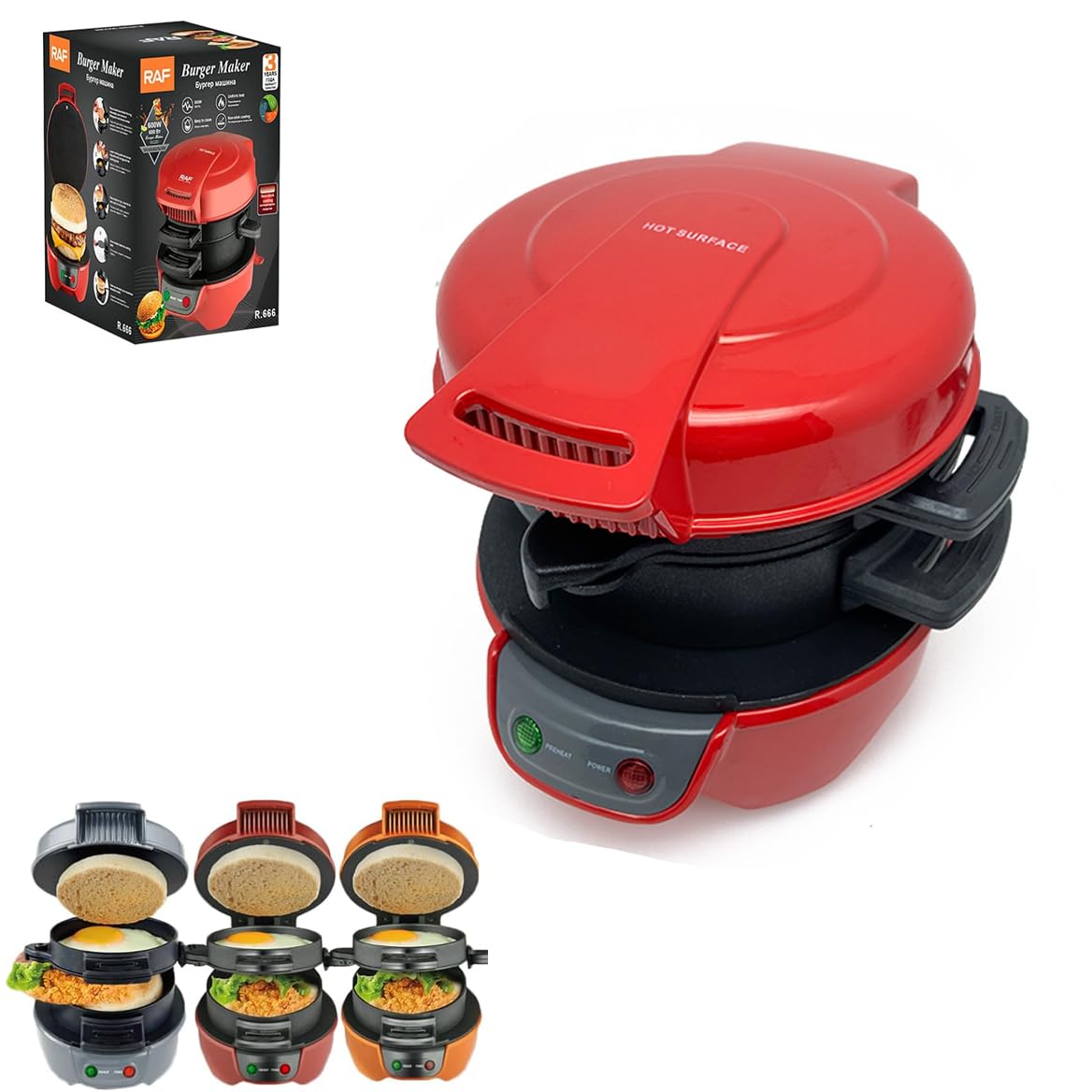 Generic Raf Burger Maker,600w Raf Breakfast Sandwich Maker with Egg Cooker Ring, Burger Maker Machine Electric,BurgerBeasts Multicook Press, Raf Waffle Maker (Red), standard