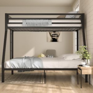 MUTICOR Modern Twin Over Full Metal Loft Bed with Ladder for Junior & Adults, Space-Saving Bunk Bed Frame, Sturdy & Durable, Ideal for Bedrooms, Dorms, and Guest Rooms, Black