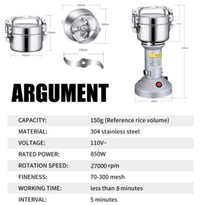 Grain Grinder Mill 150g Electric Stainless Steel Grain Grinder 850W High-speed Spice Herb Grinder for Corn,Flour,Wheat,Pepper and Coffee Bean