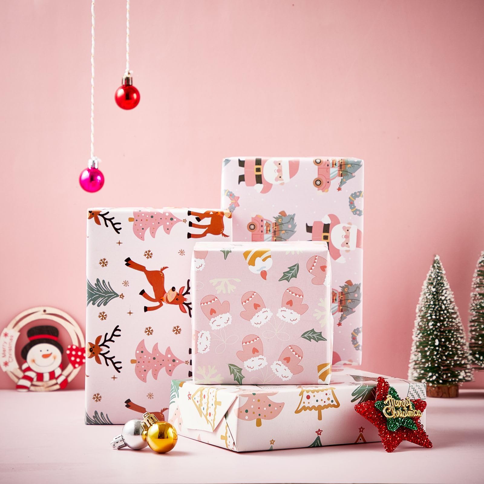 Vnaaem Pink Christmas Wrapping Paper for Boys Girls Kids - Cute Xmas Gift Wrap With Santa Christmas Tree Reindeer Design for Christmas Holiday Party Celebration - 20 X 28Inches Per Sheet(8 Pack)